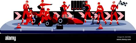 Pit Crew Working On A Red Race Car During A Pit Stop Racing Team Working Together During Pit