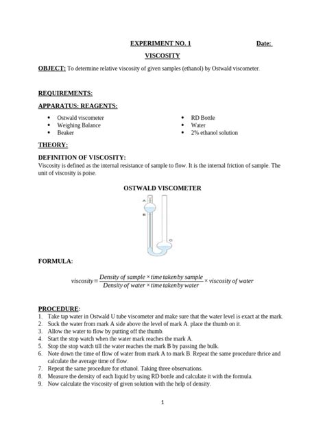 Experiment 1 Viscosity Pdf Density Viscosity