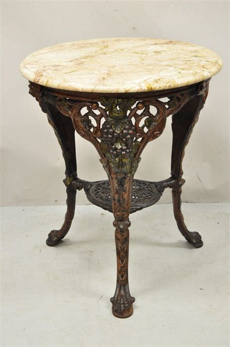 Antique English Victorian Cast Iron Round Marble Top Pub Table For Sale