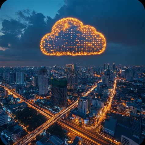 A Glowing Digital Cloud Icon Hovers Over A Modern Cityscape At Night Symbolizing Cloud