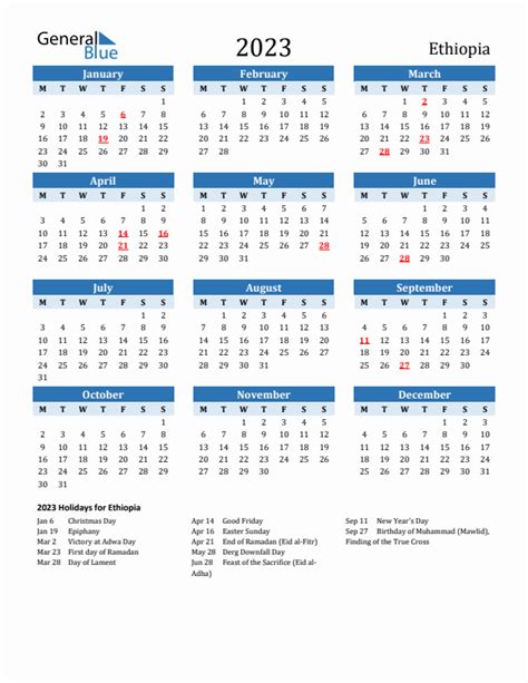 2023 Ethiopia Calendar With Holidays