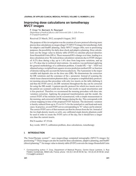 Pdf Improving Dose Calculations On Tomotherapy Mvct Images