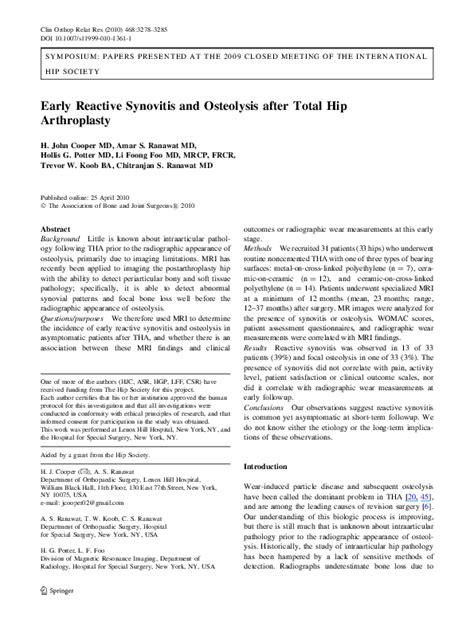Pdf Early Reactive Synovitis And Osteolysis After Total Hip Arthroplasty