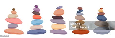 명상 돌 균형 피라미드 세트 벡터 일러스트 레이 션 쌓인 조약돌 파스텔 색상 흰색 배경에 격리된 개체 모음 균형에 대한 스톡 벡터 아트 및 기타 이미지 Istock