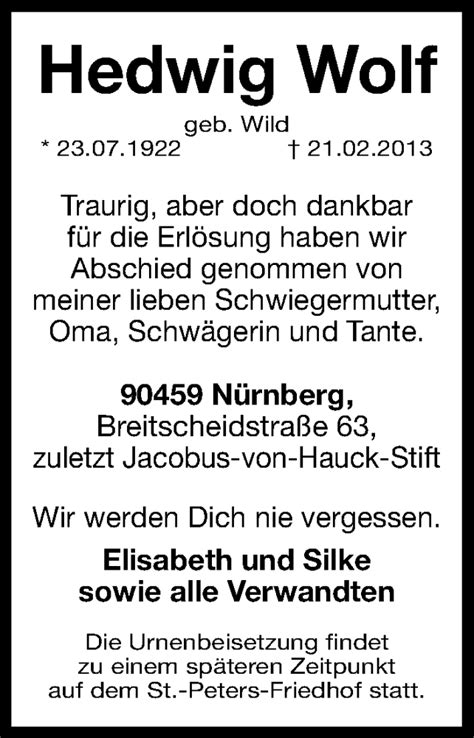 Traueranzeigen Von Hedwig Wolf Trauer Nn De
