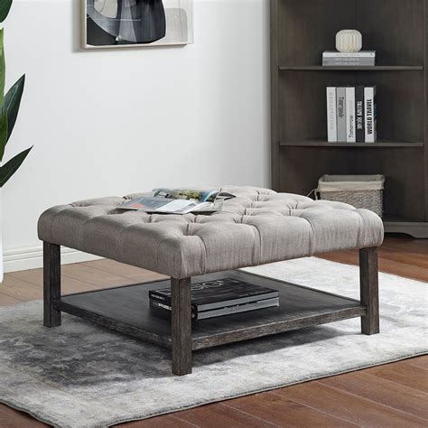 Augustin Farmhouse Square Fabric Storage Tufted Cocktail Ottoman By