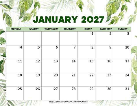 January 2027 Calendar 100 Best Free Printable Templates
