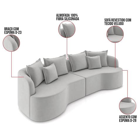 Sofá 3 Lugares Orgânico Living 210cm Mersa Veludo Cinza K01 Drossi