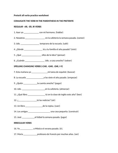 Preterit All Verbs Practice Worksheet Teaching Resources