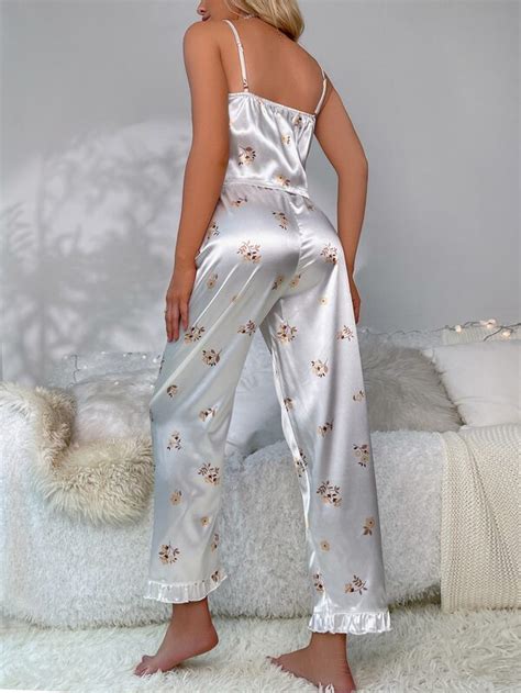 Floral Print Contrast Lace Ruffle Hem Satin Cami Pj Set Shein Usa