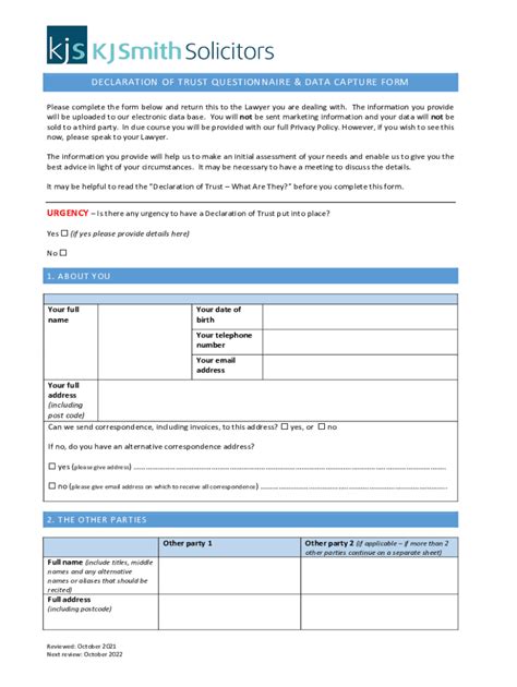 Fillable Online Declaration Of Trust Questionnaire Data Capture Form Fax Email Print