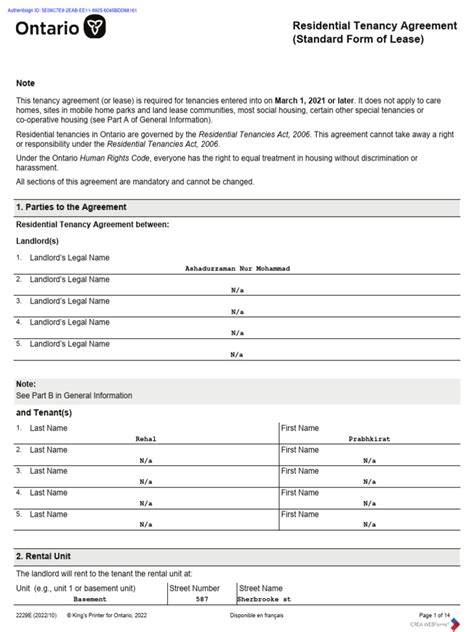 Ontario Standard Residential Lease Form Pdf Leasehold Estate Landlord