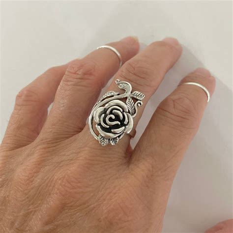 Sterling Silver Large Rose Ring With Branches And Leaves Boho Ring S