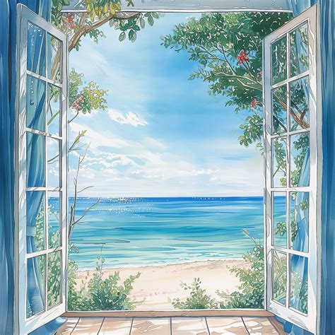 Clipart Picture View From Window Sea Tree Beach Beautiful