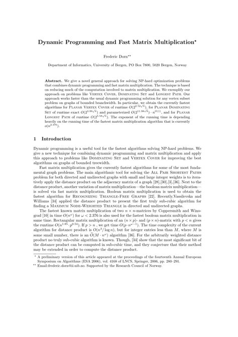 Pdf Dynamic Programming And Fast Matrix Multiplication
