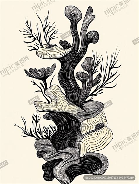 Ai创作图手绘 珊瑚礁 插画 海洋 植物 线条 艺术 黑白 图案 礁石 海藻 造型 纹理 装饰 自然 昵图网