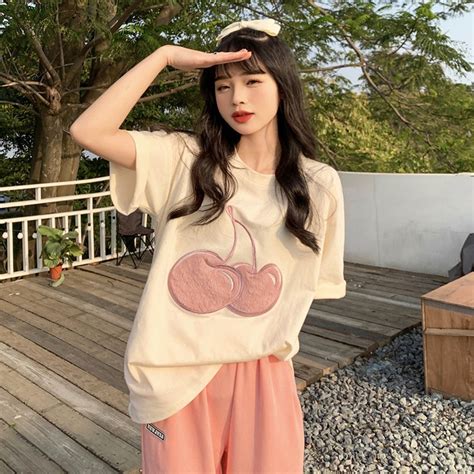 （今日11折）纯棉刺绣小熊薄款短袖t恤女夏季2023新款韩版宽松中长款圆领上衣—t恤