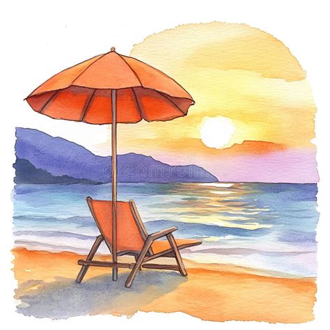 Watercolor Illustration Of A Beach Scene With A Beach Chair Umbrella