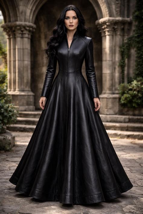 Gothic Black Leather Maxi Dress Corset Back Medieval Gown Long Sleeve