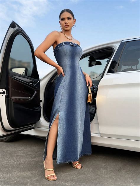 Shein Sxy Womens Strapless High Slit Denim Dress Shein Usa