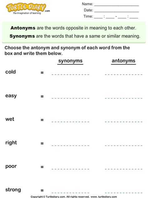 Write The Synonym And Antonym Of Each Word Turtle Diary Worksheet