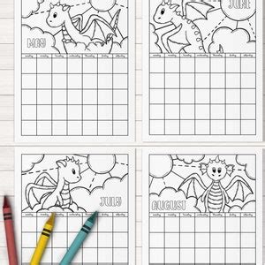 Dragon Coloring Calendar Undated Monthly Planner Pdf Printable Etsy