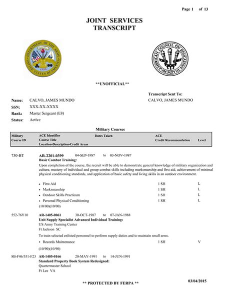 My Joint Service Transcript Jst Army Pdf