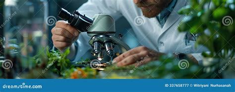 Scientist Examining Plant Specimen Under A Microscope Stock