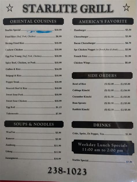 Menu At Starlite Grill Restaurant Leesville S 5th St