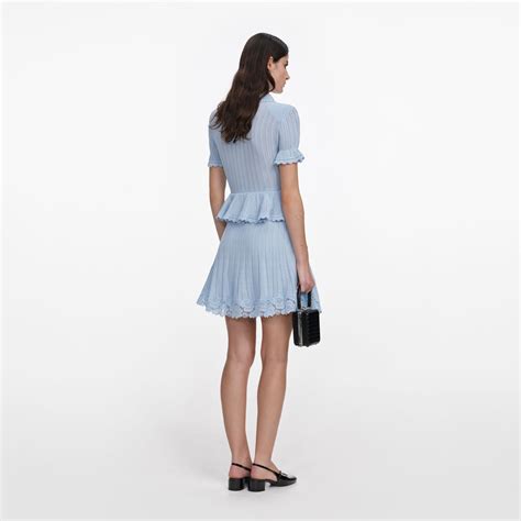 Blue Pointelle Peplum Knit Mini Dress Self Portrait