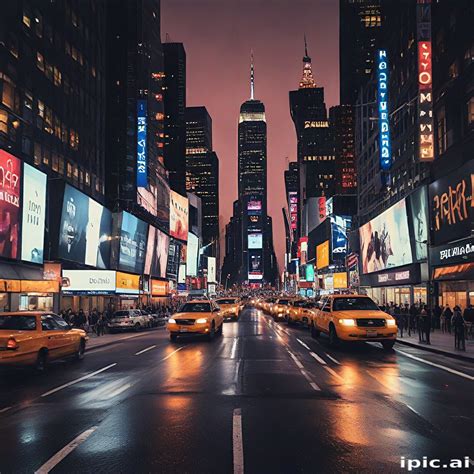 Vibrant Nightlife In Times Square With Taxis And Bright Billboards