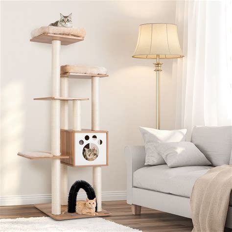 Multi Level Tall Modern Cat Tree With 2 Top Plush Perches
