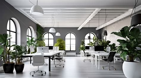 조정 가능한 흰색 책상 검은색 의자 및 무성한 녹지 장식을 갖춘 세련된 사무실 인테리어의 3d 렌더링 사무실 인테리어 사무용