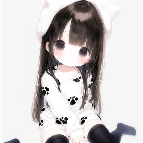 Anime Girl With Black And White Cat Ears Sitting On The Ground