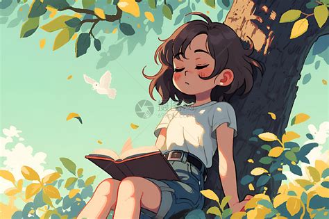 树下阅读的女孩插画图片下载 正版图片601314434 摄图网