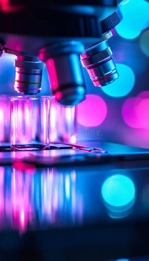 Close Up Of Microscope Objective Lens With Colorful Bokeh Lights