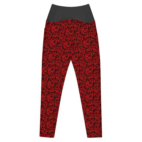 Black Lace Crossover Leggings Red All Over Print And Inclusive Sizing