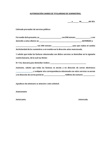 Autorización Cambio De Titularidad De Suministros Varios Pdf