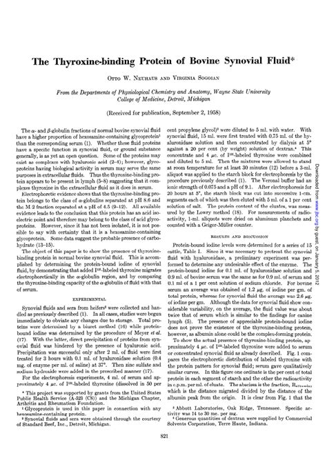 Pdf The Thyroxine Binding Protein Of Bovine Synovial Fluid