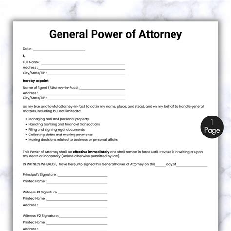 Simple General Power Of Attorney One Page Poa Template Printable