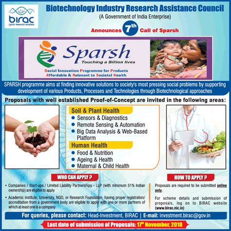 Biotechnology Industry Research Assistance Council Announces 7th Call Of Sparsh Ad Advert Gallery
