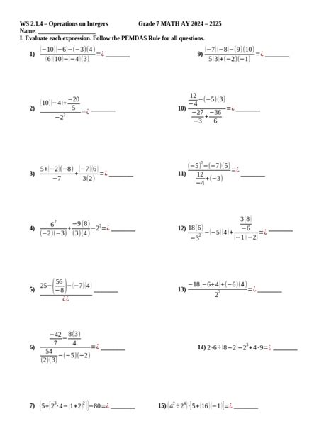 Ws 214 Pemdas Integers Pdf Mathematics Computer Programming