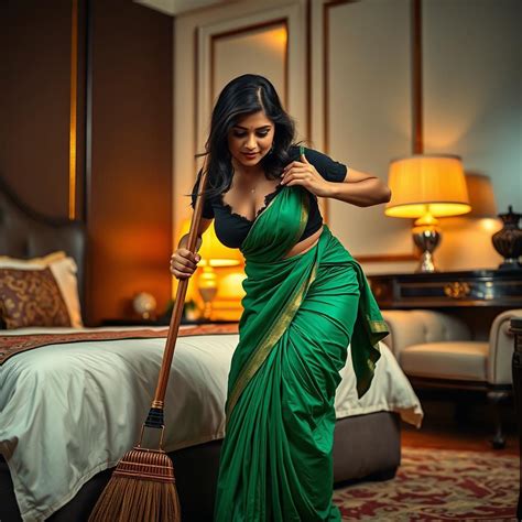Vibrant Elegance Indian Maid In Green Saree
