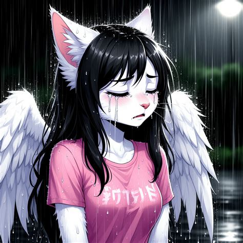 A White Anthropomorphic Furry Cat With Long Black Hair White Wings Brown Eyes Wearing A Pink