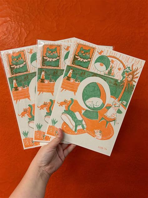 A Room Full Of Cats Globe Ball Chair 70s Risograph Print Orange And