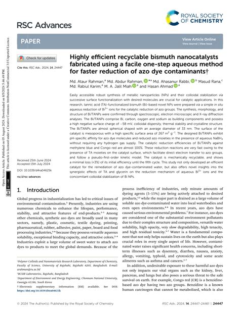 Pdf Highly Efficient Recyclable Bismuth Nanocatalysts Fabricated Using A Facile One Step