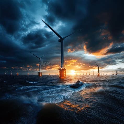 Offshore Wind Farm At Sunset With Dramatic Sky And Ocean Waves Stock Image Image Of Modern