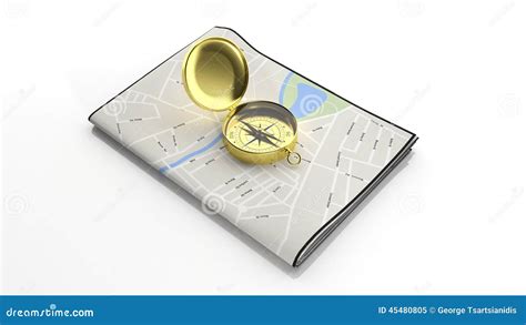 Paper Map With 3d Golden Compass Stock Illustration Illustration Of