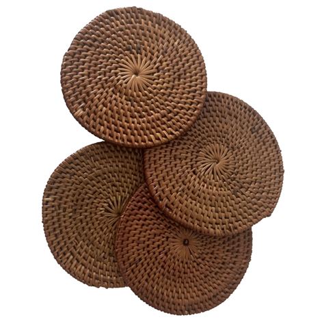 Round Rattan Coasters Natural Hand Made Set Of 4