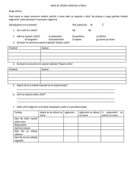 Kako Se UČenici OsjeĆaju U Školi Pdf